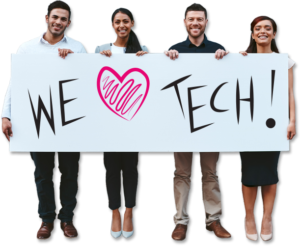 Young people with 'We love tech' signboard | Root, a part of Accenture